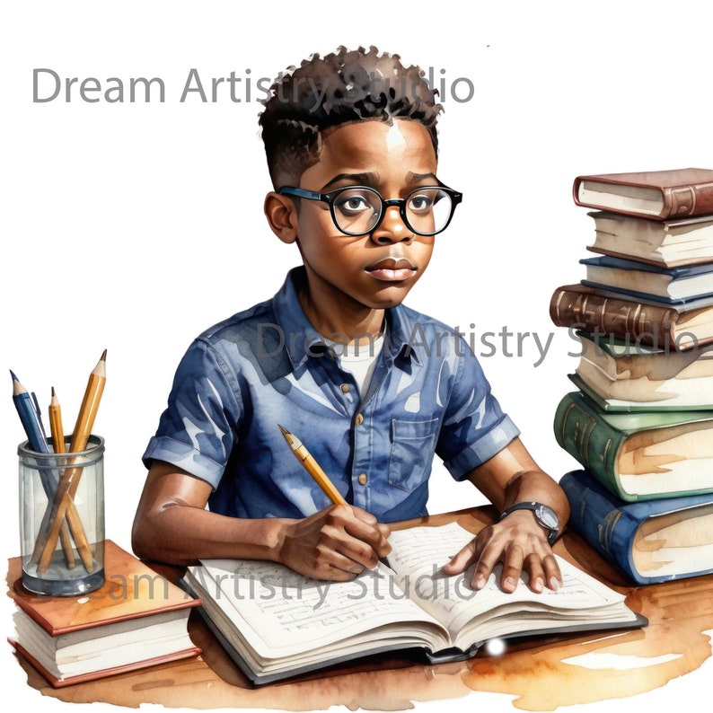 7 Watercolor Black Boy Student Clip Art, Book Lover Png, Reading Clip ...
