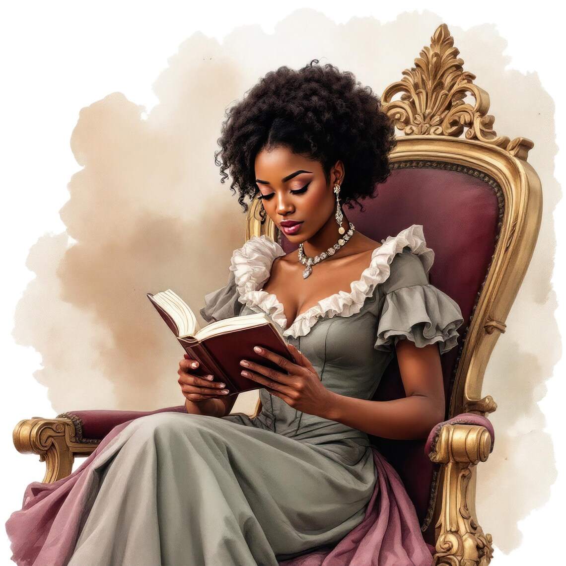Watercolor Vintage Style Black Girl Reading Clip Art, Book Png, Reading ...