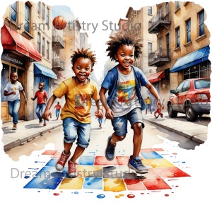 7 Watercolor Happy Black Kids Playing A Ball Clipart, Afro American ...