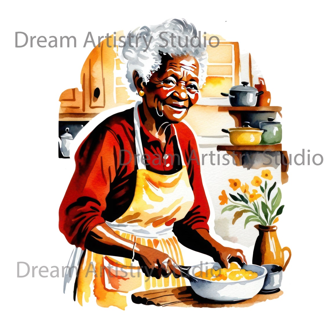 7 Watercolor Elderly Black Woman Cooking Clipart, Afro American Granny ...