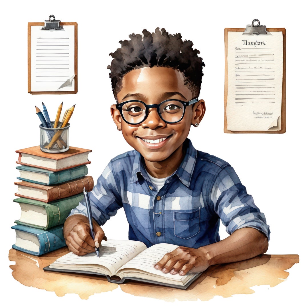 7 Watercolor Black Boy Student Clip Art, Book Lover Png, Reading Clip ...
