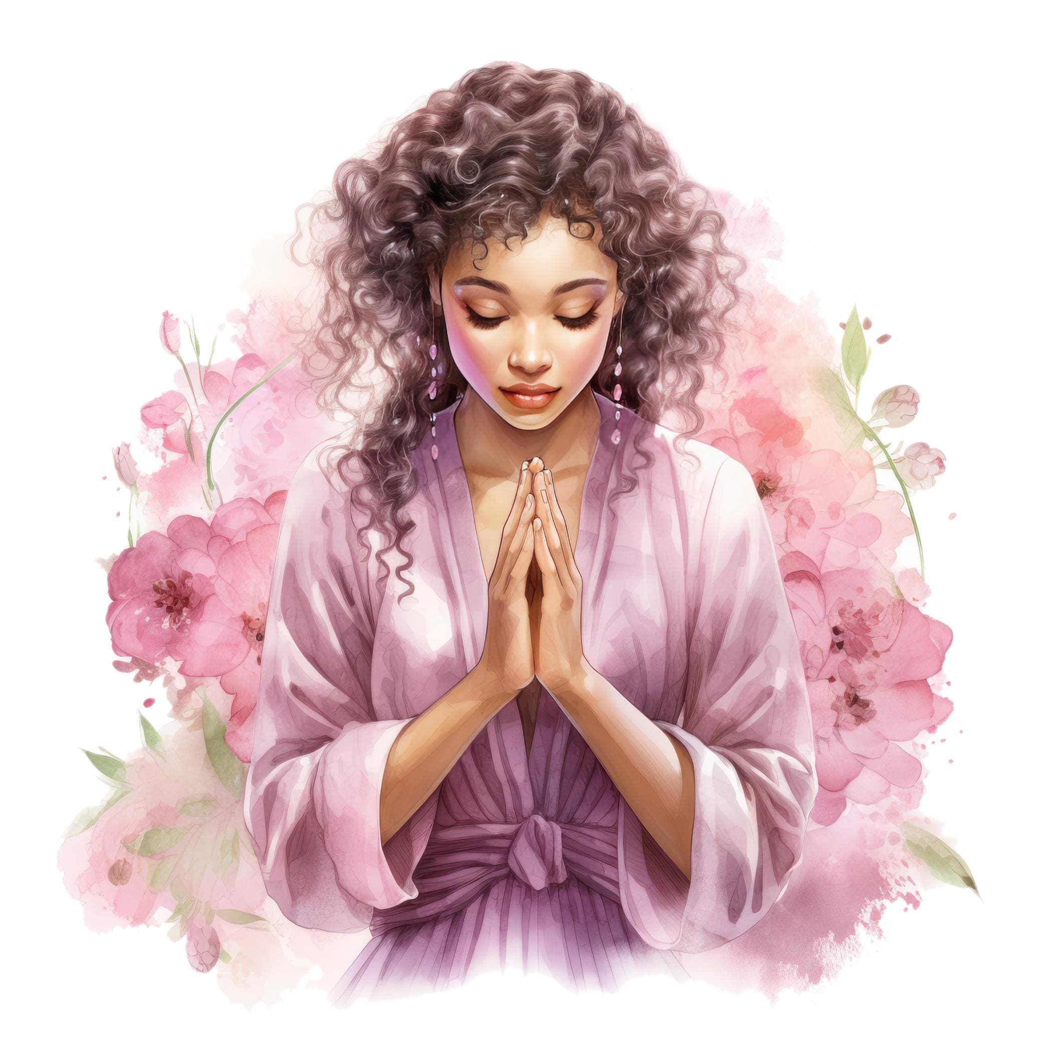 7 Watercolor Girl Praying Clip Art, African American Woman Prayer Png ...