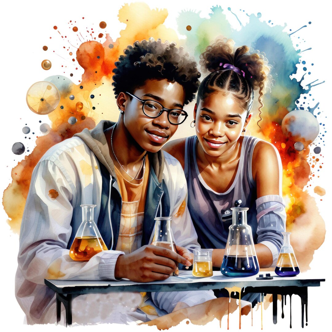 7 Watercolor Black Students Doing Science Together Clip Art, Science ...