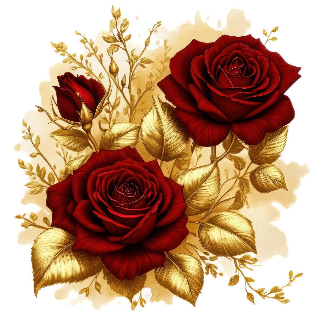 7 Red Gold Roses Flowers Png, Roses Watercolor Clipart, Commercial Use ...