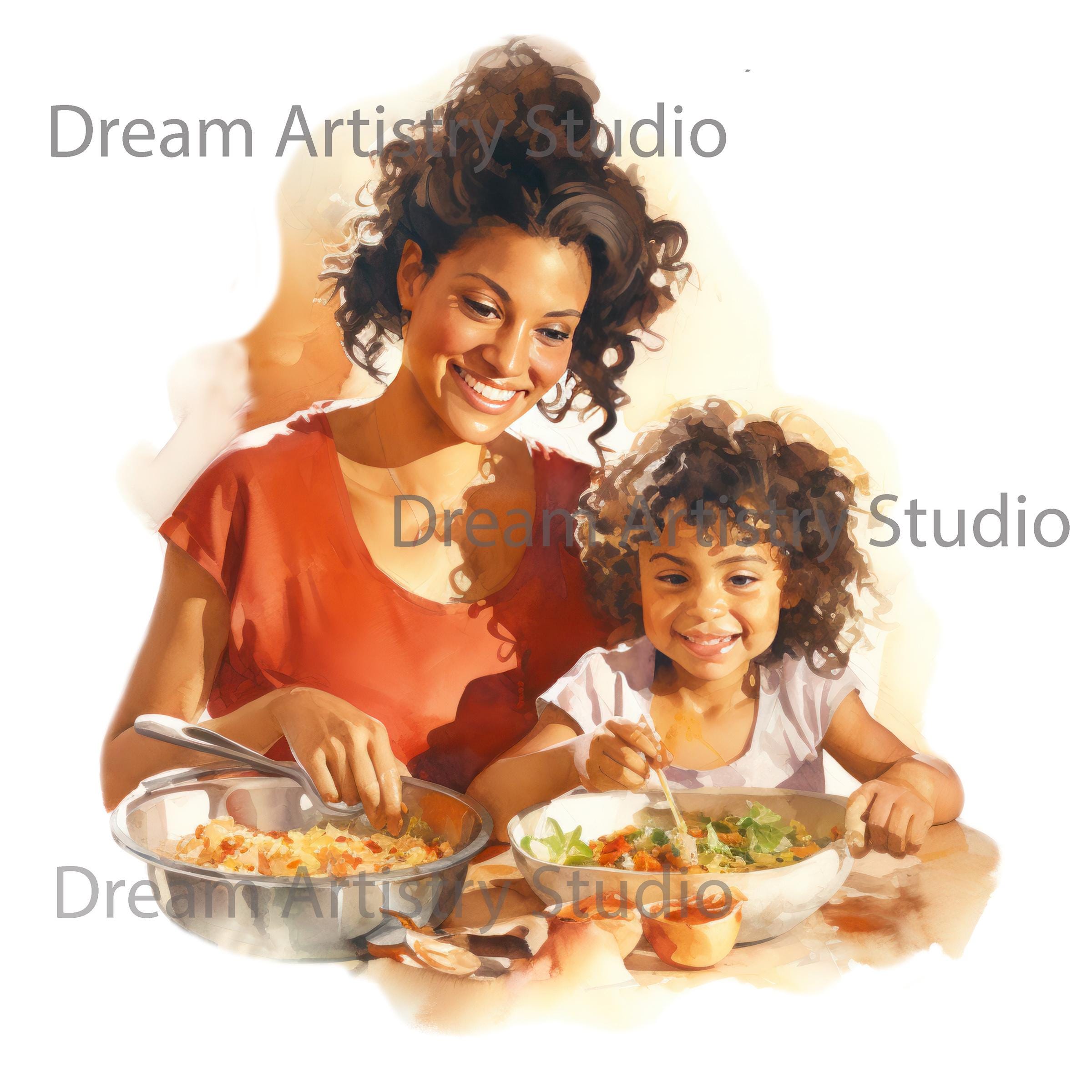 7 Watercolor Family Cooking Clipart, Mom and Girls Cooking Png, Kids ...
