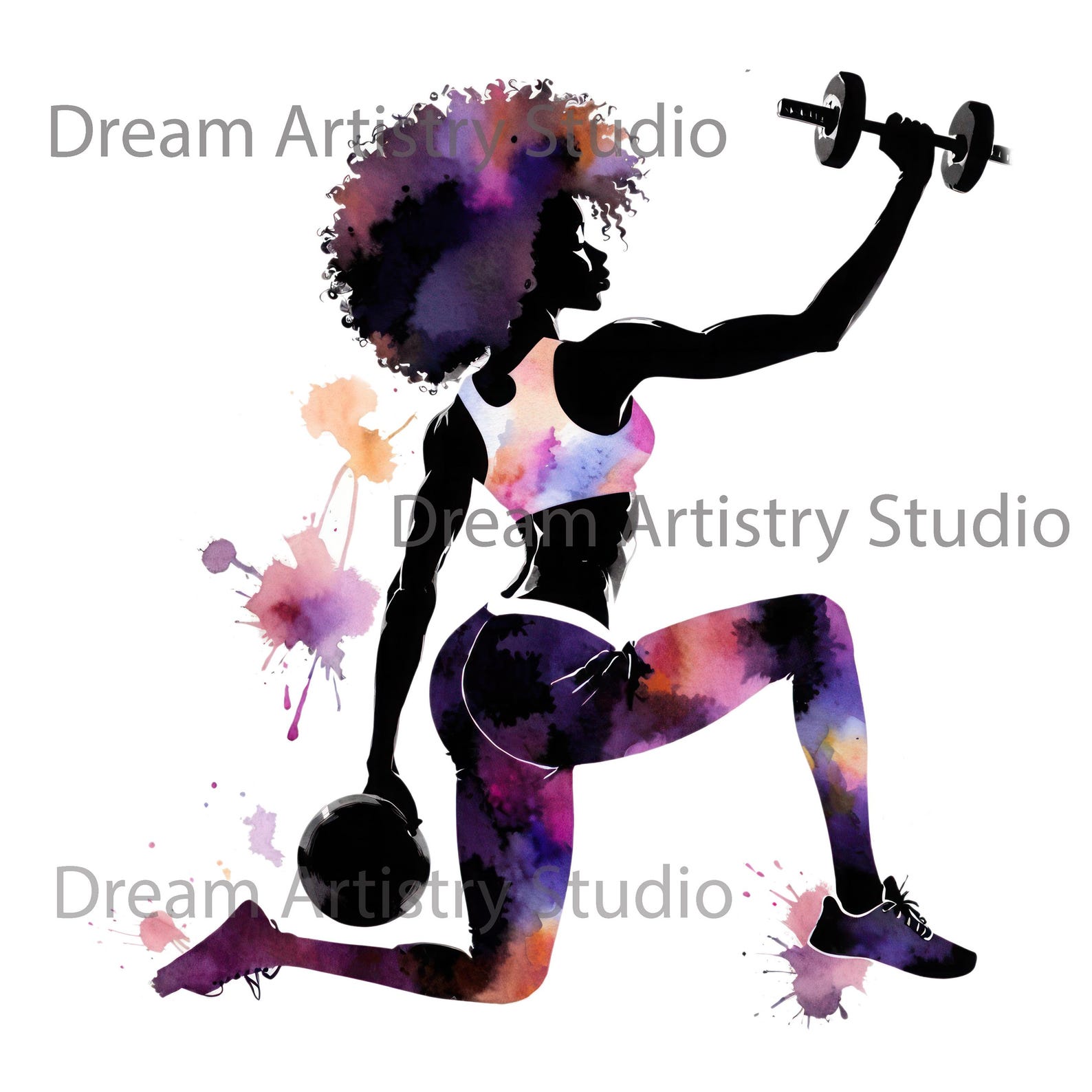 7 Watercolor Black Woman Workout Clipart, Afro American Woman Doing ...