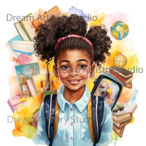 7 Watercolor Black Girl Back to School Clip Art, Book Lover Png ...