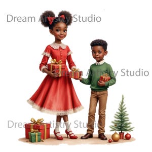 7 Watercolor Afro American Kids Christmas Scene Clipart, Black Children ...