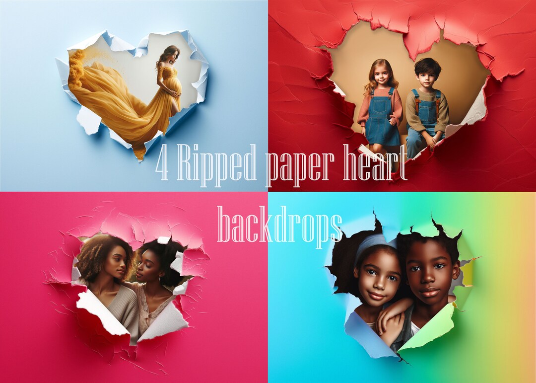 Set 4 Ripped Heart From Paper, Paper Backdrops Overlay, Bundle Studio ...