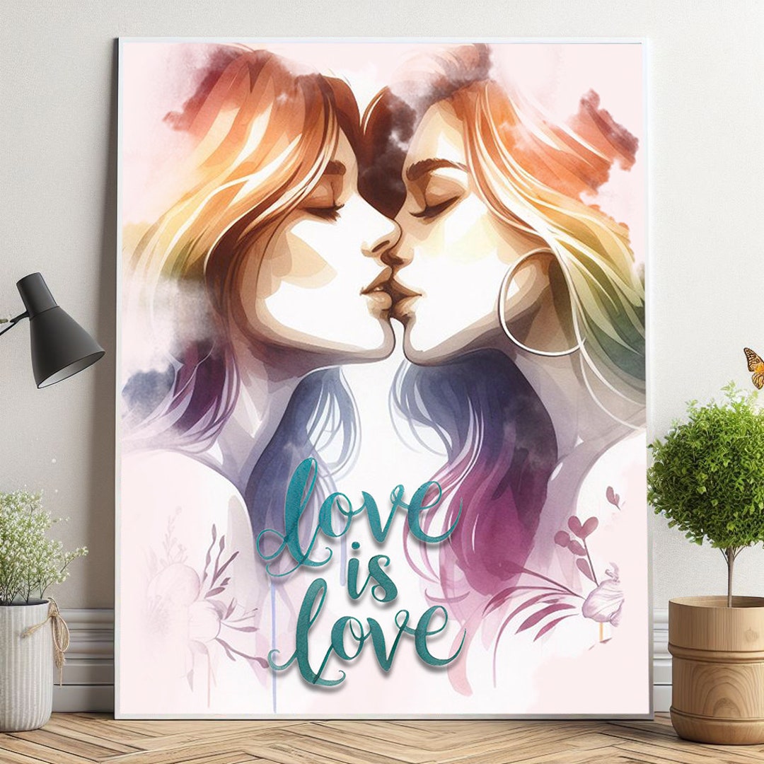 Lesbian Couple Kissing Wall Art, Romantic Lesbian Couple, LGBTQ Girls Clipart, Lesbian Lovers ...