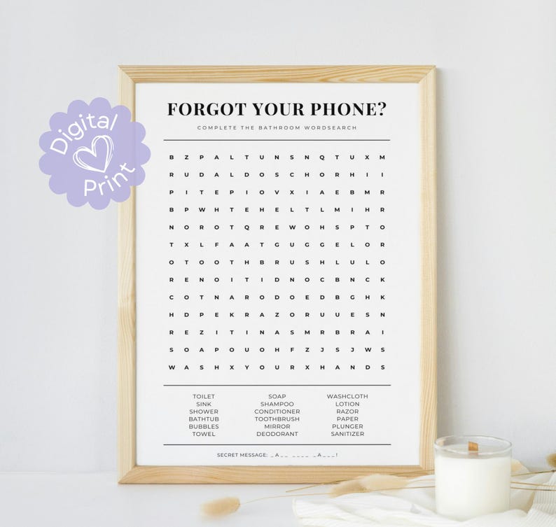Forgot Your Phone Bathroom Word Search Print // Guest Bathroom Decor ...
