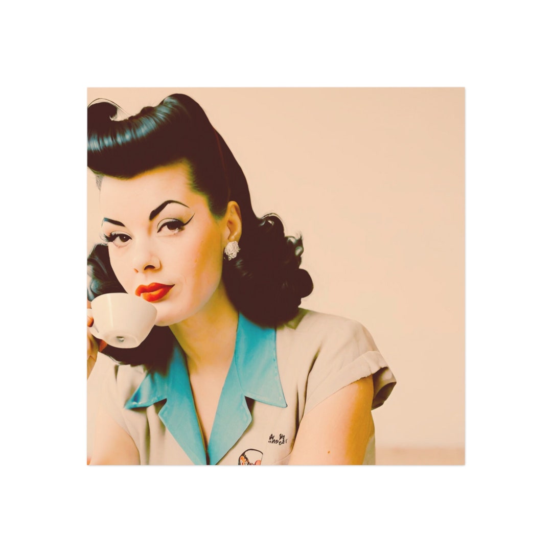 Retro Coffee Shop Diner Pin up Girl Rockabilly Woman Drinking Coffee ...
