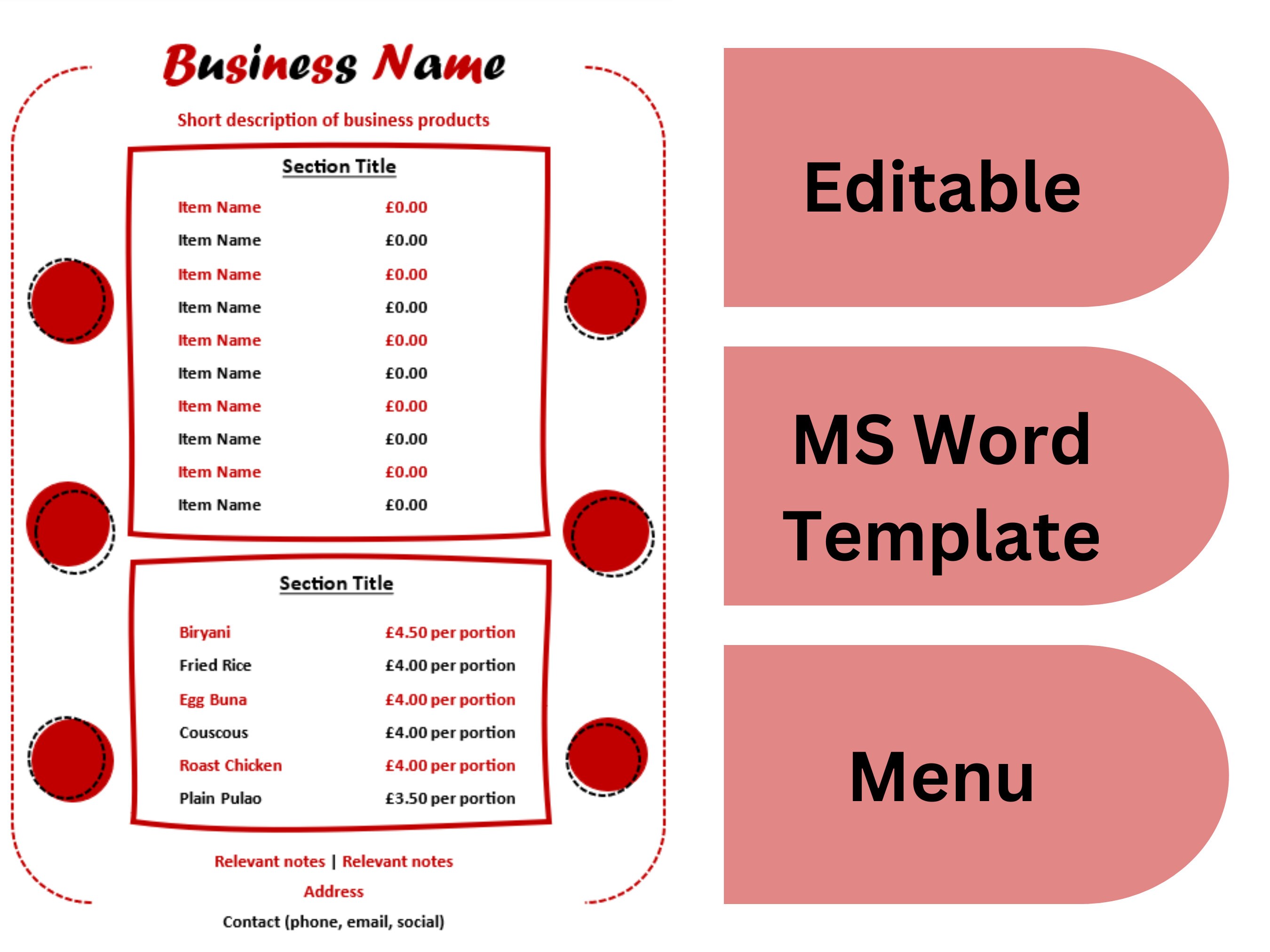 Editable MS Word Food Menu Template With Design Details - Etsy
