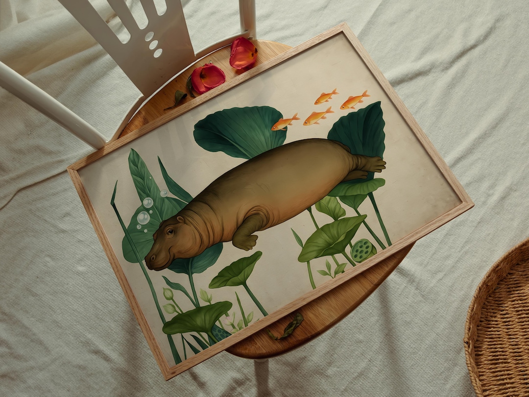 Schwimmendes Nilpferd - Vintage Collage Bild - Illustration Mini Poster ...