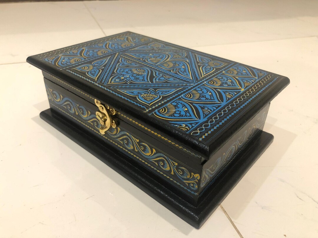 Handmade Wooden Jewelry Box, Black Base, Blue & Golden Paintwork ...