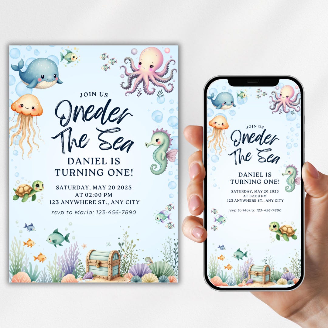 Oneder the Sea Invite, Ocean Birthday Template, Nautical Kids Party ...