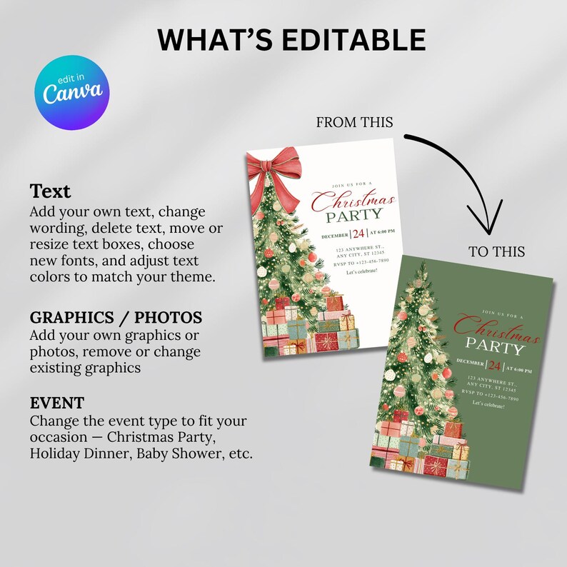 Editable Christmas Party Invitation Template, Printable Christmas Party ...