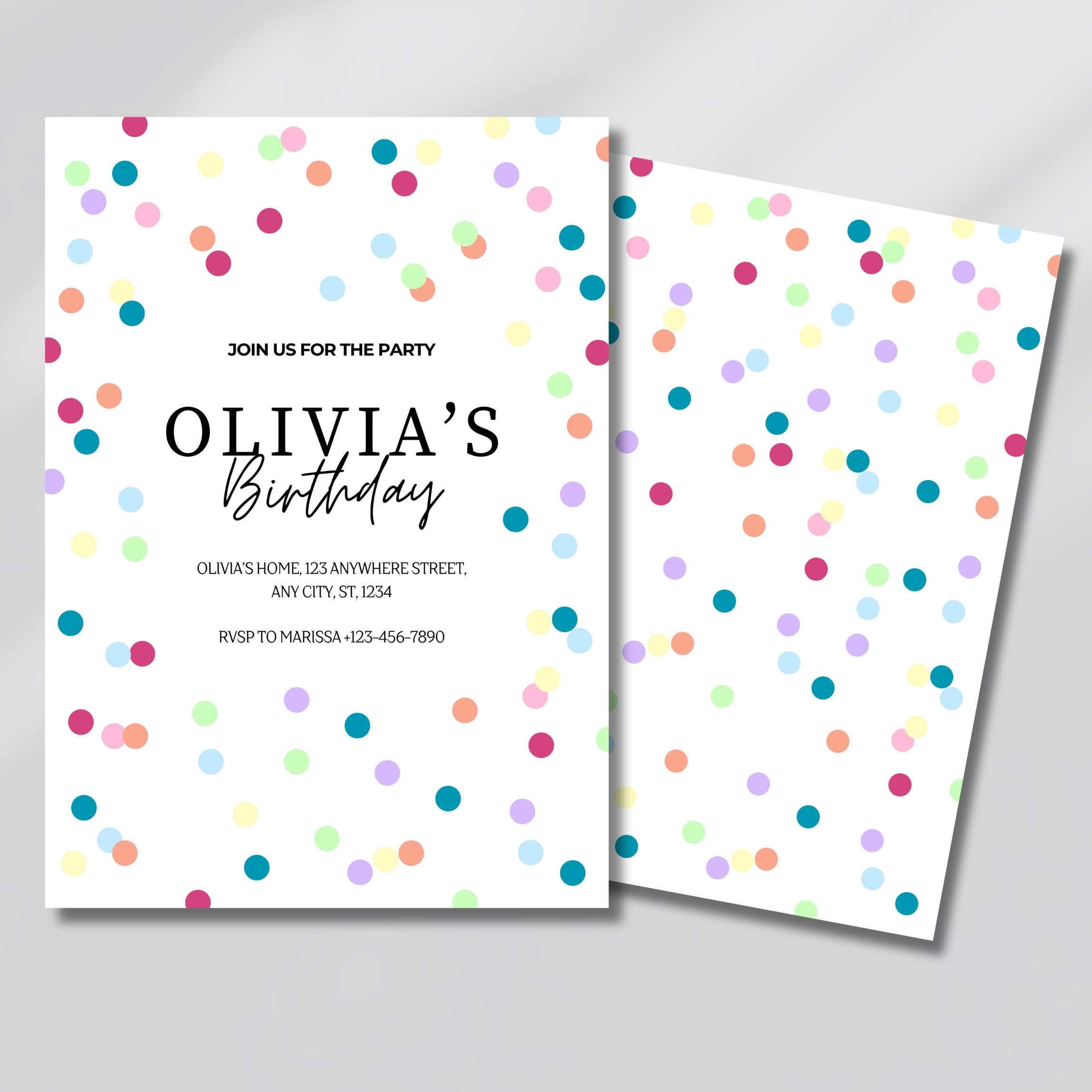 Editable Confetti Birthday Invitation Template, Printable Colorful ...