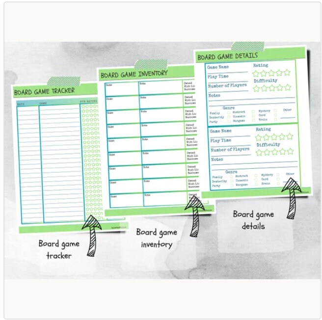 GREEN Printable Board Game Planner, Gaming Journal for Rating and ...