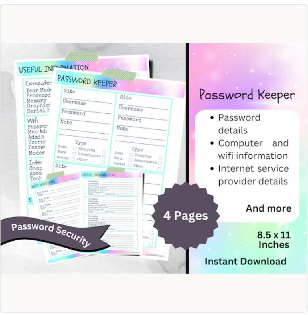 RAINBOW Printable Password Organizer With Utility, Services, Apps ...
