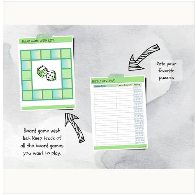 GREEN Printable Board Game Planner, Gaming Journal for Rating and ...