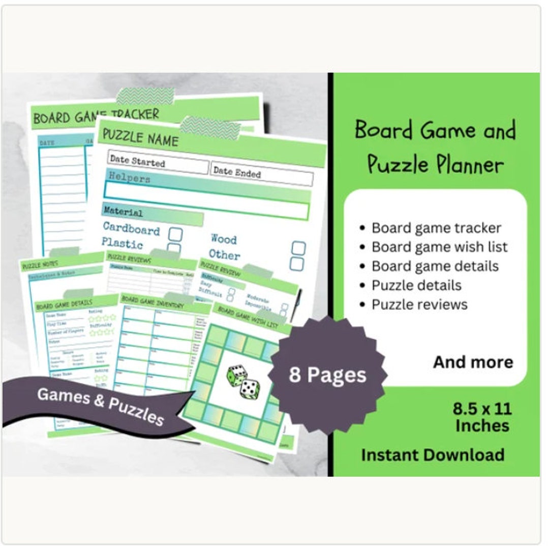 GREEN Printable Board Game Planner, Gaming Journal for Rating and ...