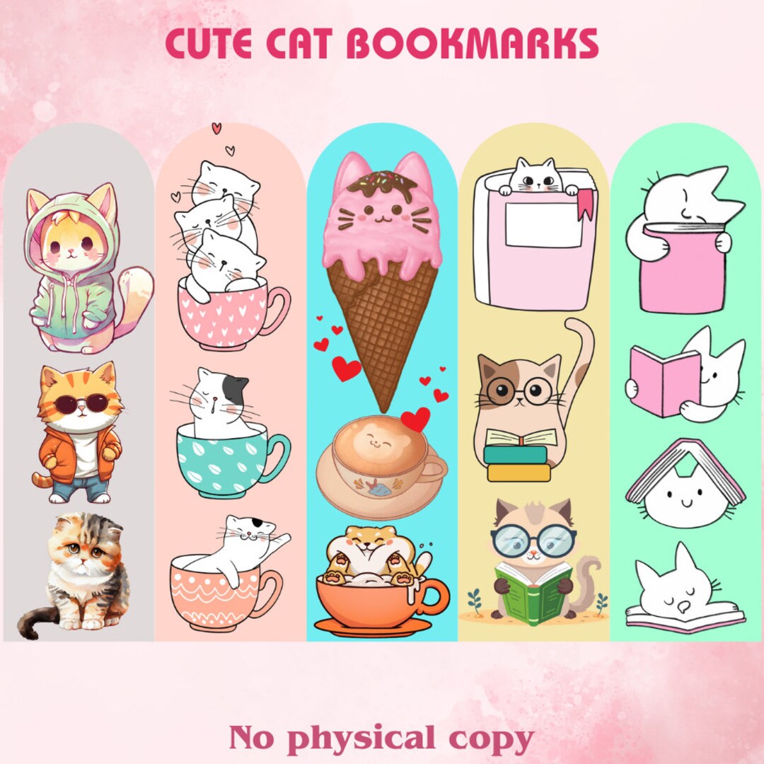 5 Cute Cat Printable Bookmarks Digital Download PNG Bookmark Whimsical ...