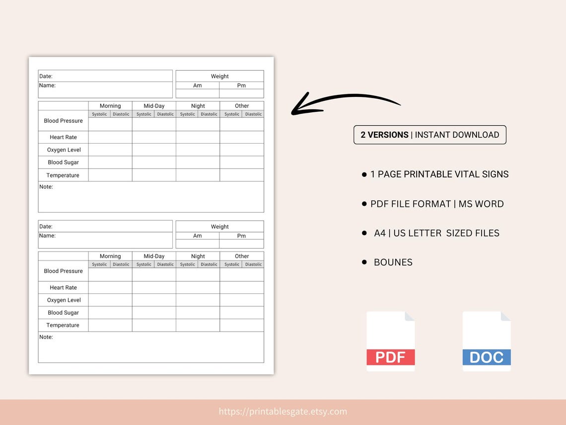 Vital Signs Log Printable, Daily Vitals Tracker for Nurse, Blood ...