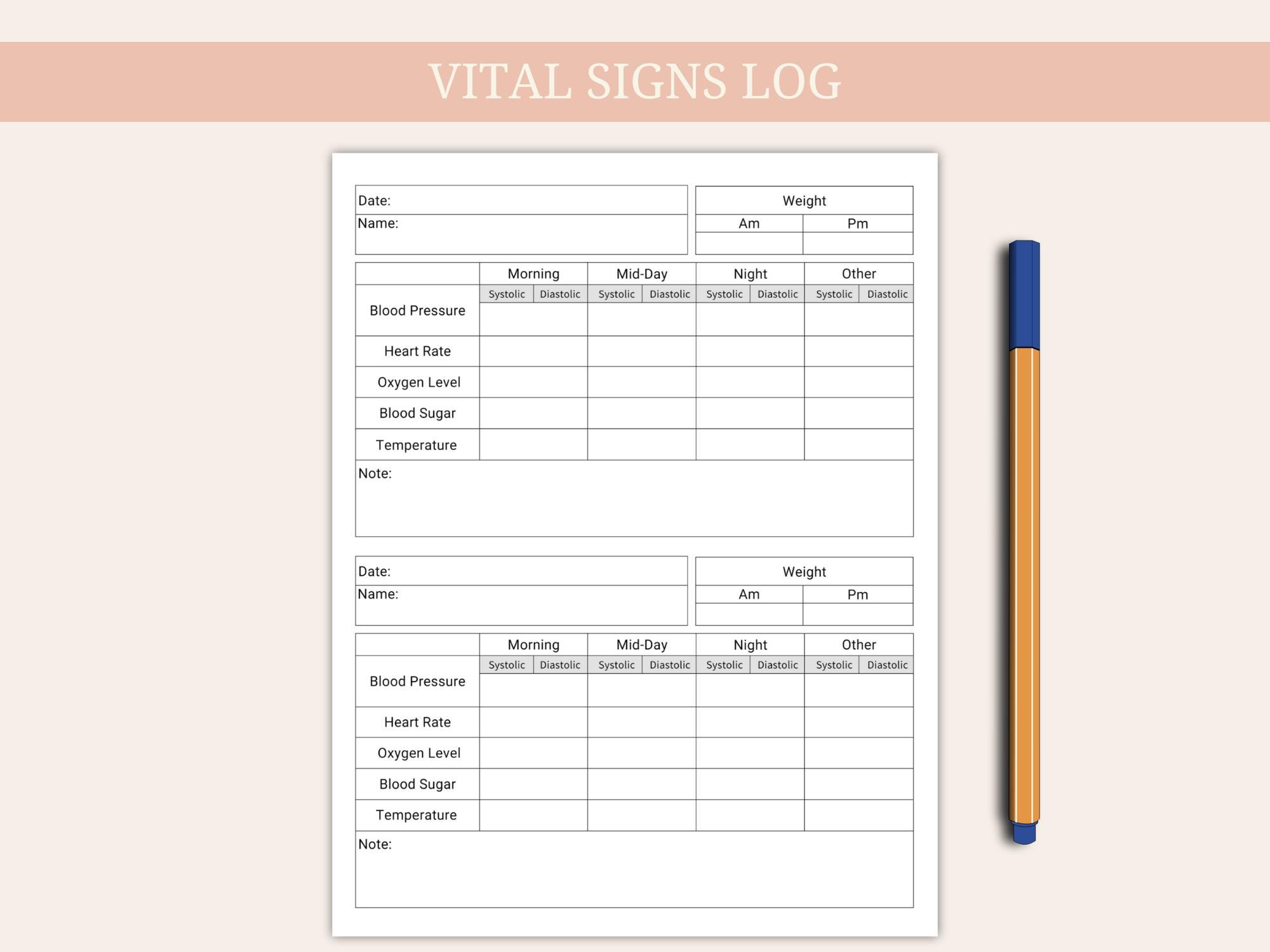 Vital Signs Log Printable, Daily Vitals Tracker for Nurse, Blood ...