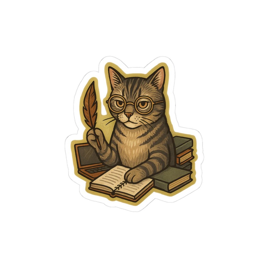 Literary Glasses Cat With Quill Logo Kiss-cut Sticker: Bibliophile ...
