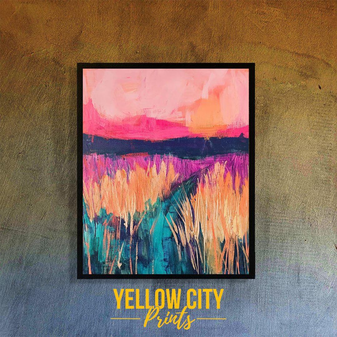 Abstract Sunset Landscape Art Print, Colorful Brushstroke Digital ...