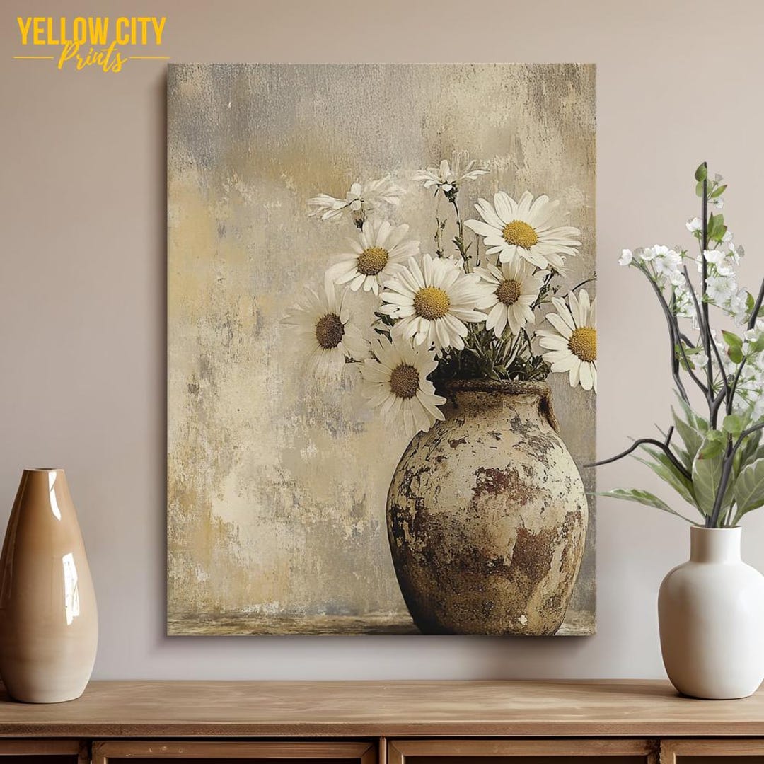 Vintage Rustic Daisies Wall Art, Printable Flower Art Decor, Digital ...