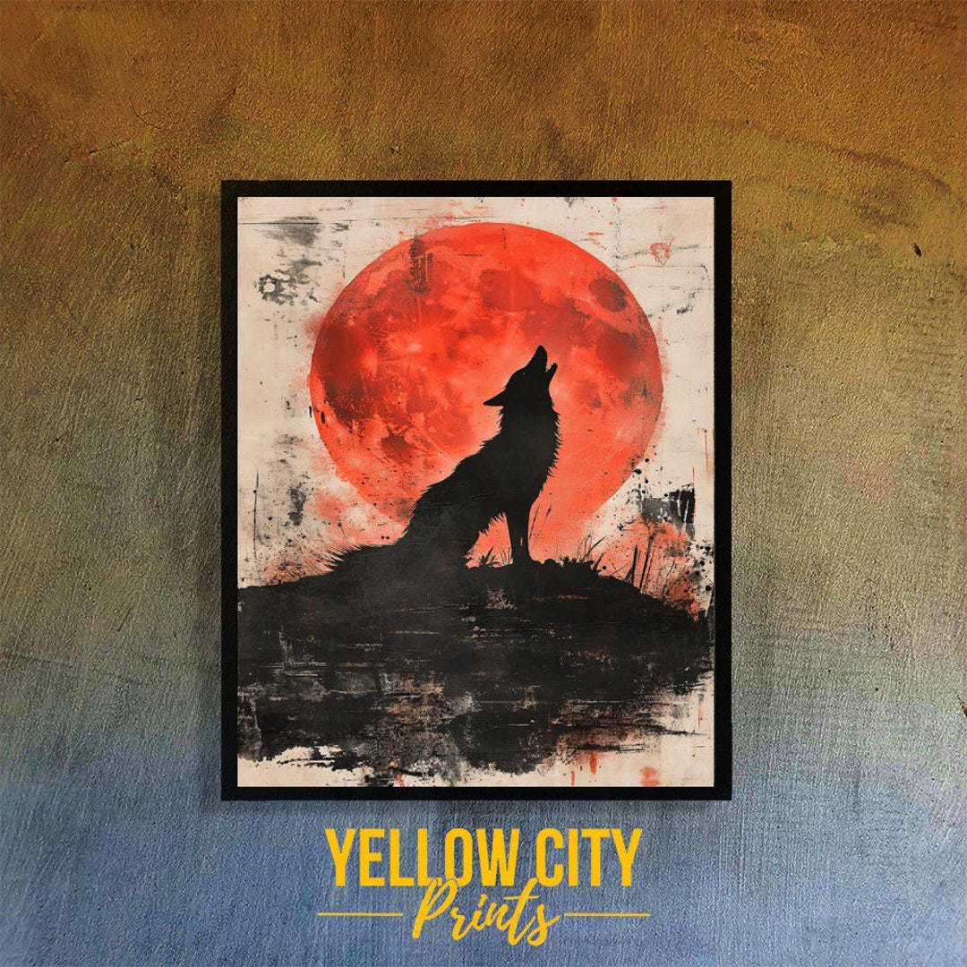 Red Moon Wolf Print, Forest Silhouette Art, Digital Wall Decor, Rustic ...