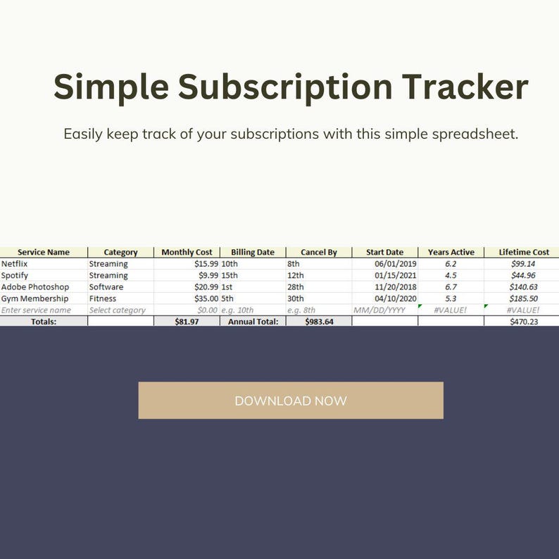 Subscription Tracker Spreadsheet Excel | Recurring Expenses & Bill Tracker | Monthly Budget ...