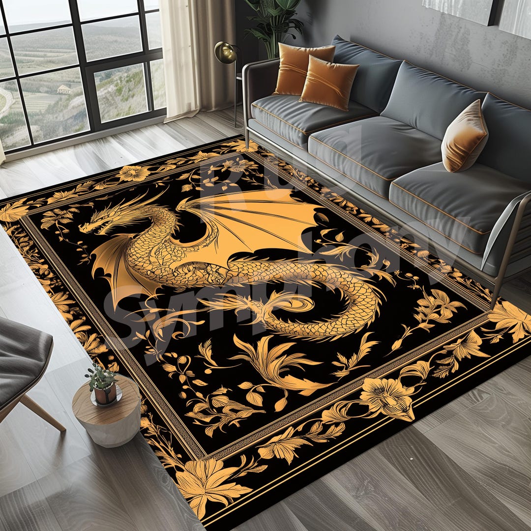 Medieval Decorative Dragon Area Rug, Fantasy Dragon Rug, Chinese Gold ...