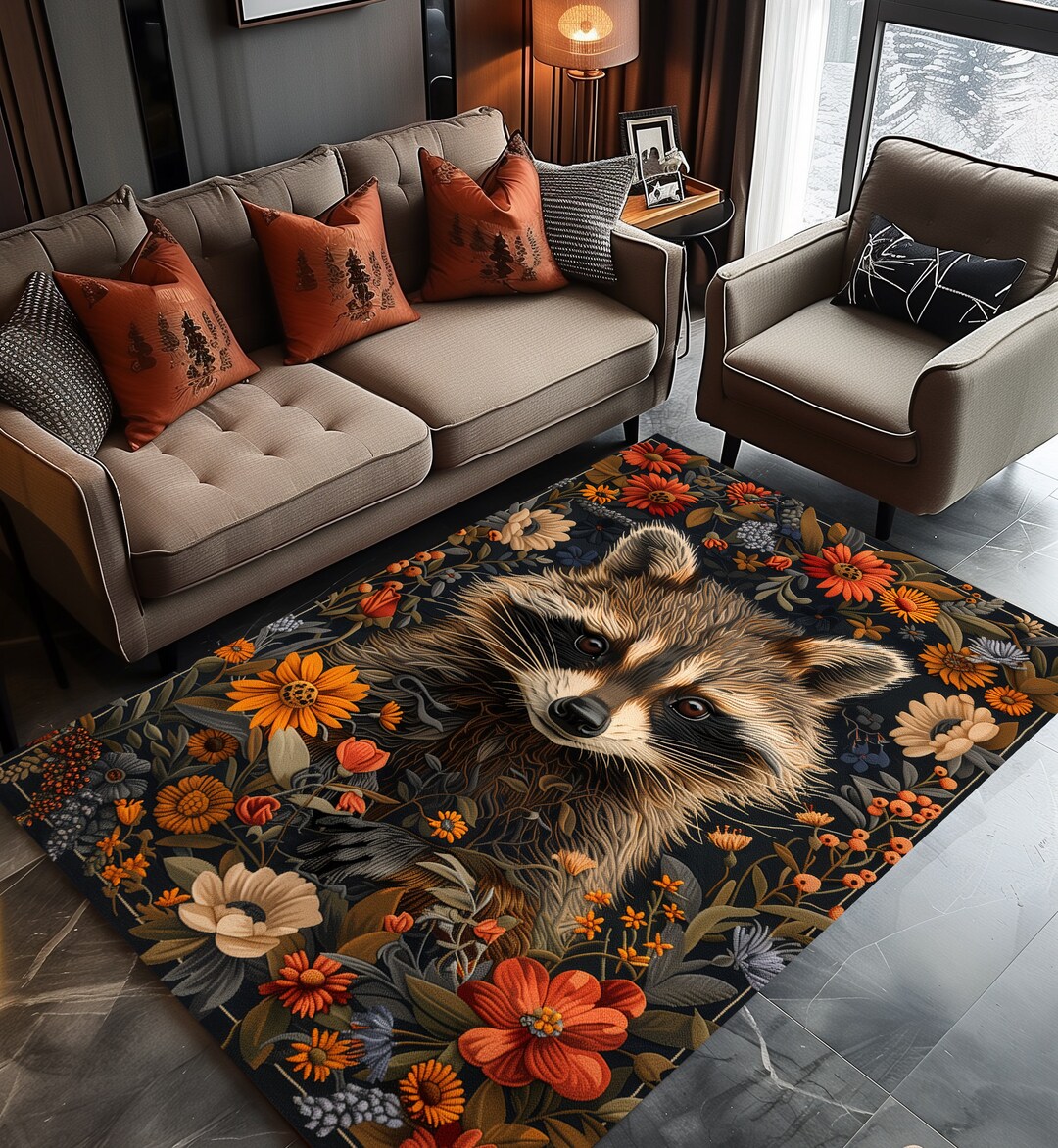 Rustic Raccoon Area Rug, Wild Animals Rustic Rug, Rustic Raccoon Rug ...
