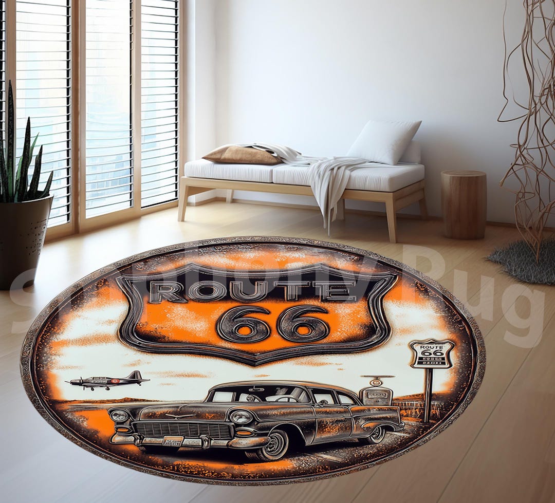 Round Route 66 Rug, Vintage Historic Route 66 Rug, Route 66 Sign Rug ...
