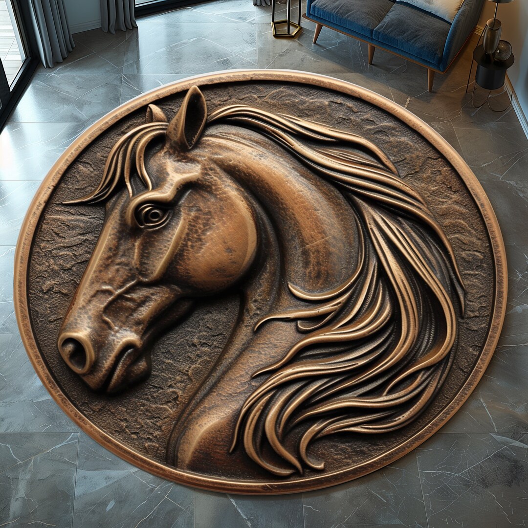 3D Look Round Horse Rug, Horse Pattern Rug, Round Horse Rug, Brass ...
