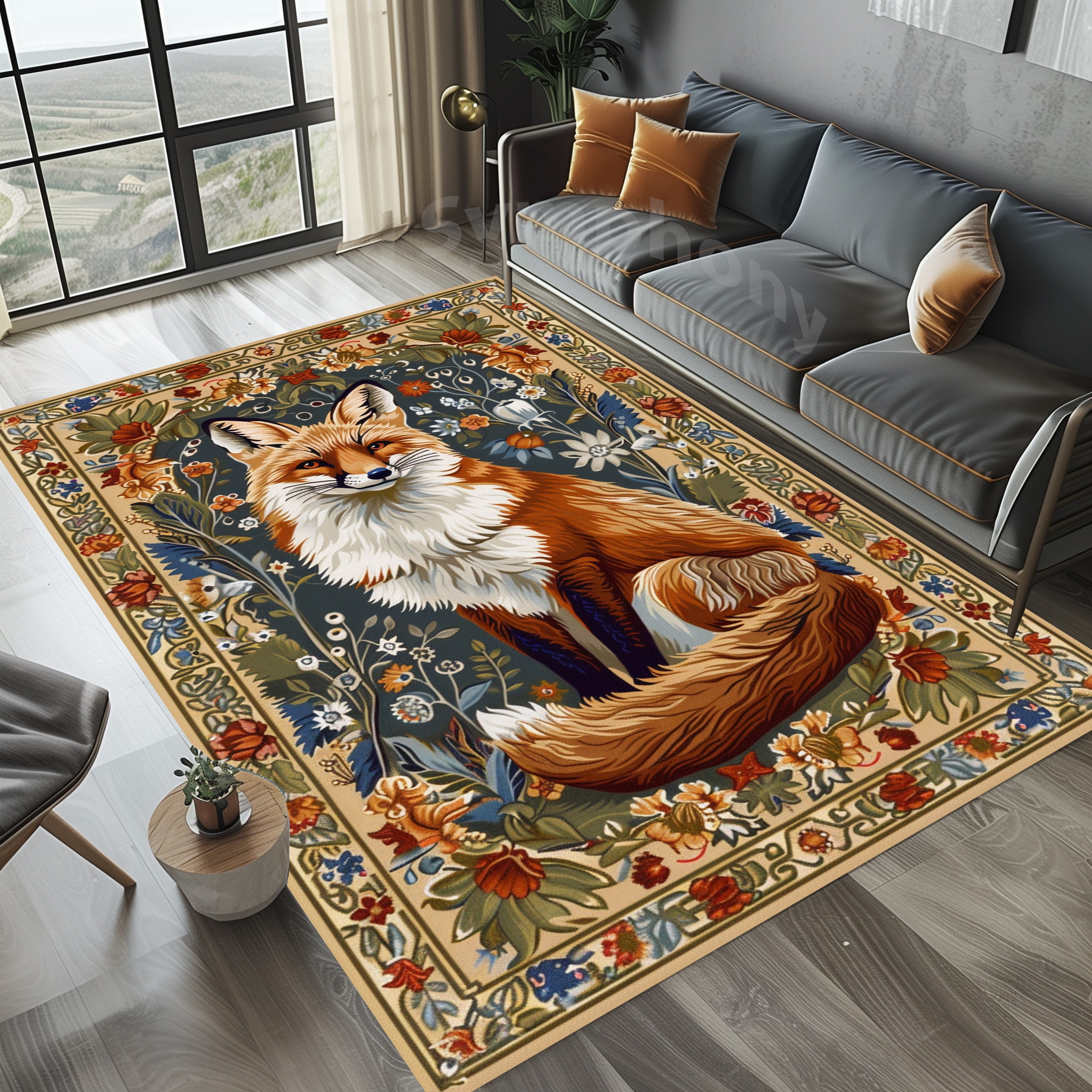 Rustic Fox Rug, Floral Fox Rug, Cute Fox Rug, Fox Rug, Girls Room Rug ...