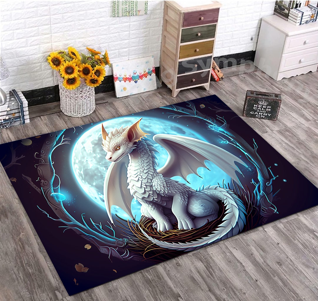 Fantasy Dragon Rug, Kids Dragon Rug, White Dragon Rug, Dragon Pattern ...