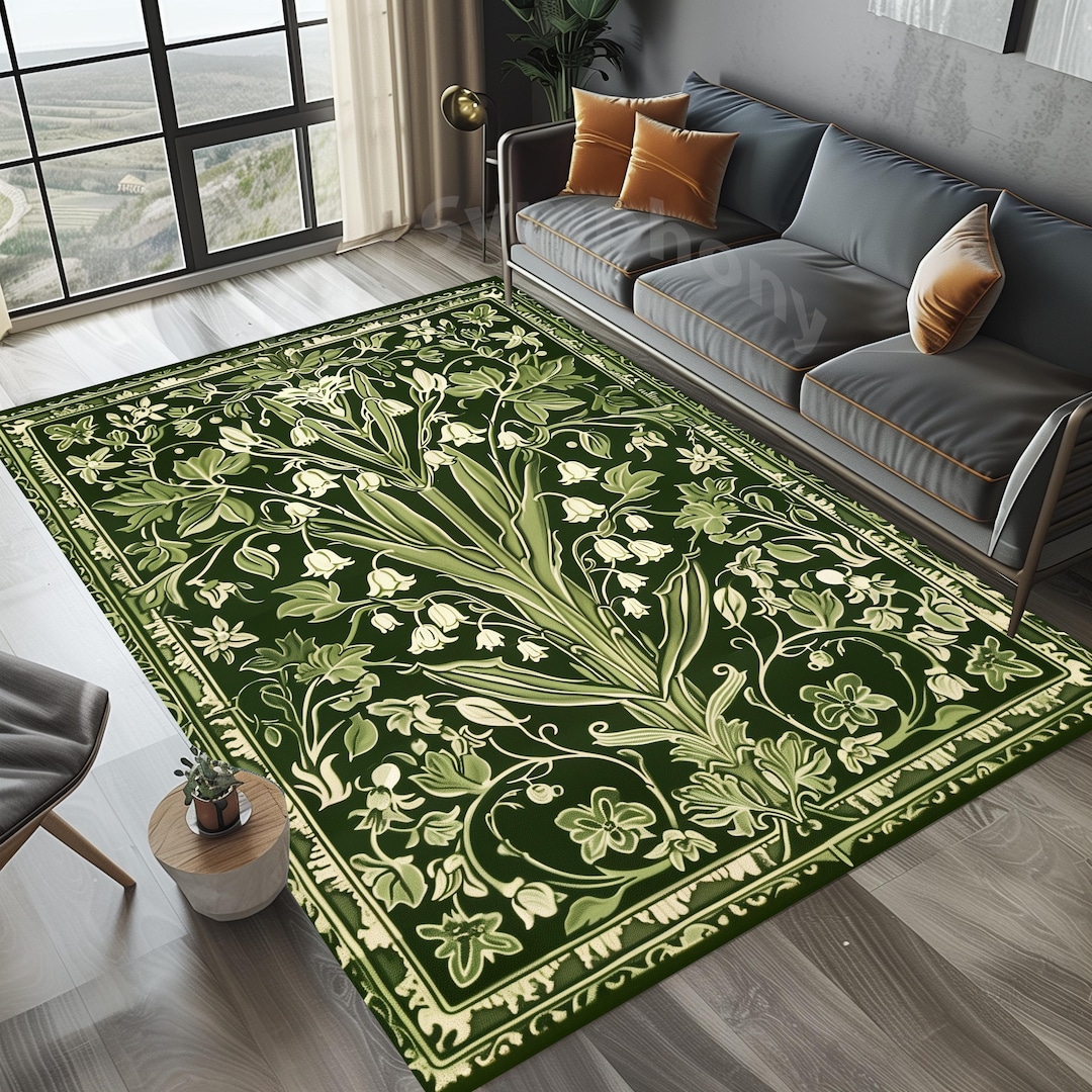 Green Lily of the Valley Rug, Rustic Lilies Rug, Lily Rug, Lilies Area ...
