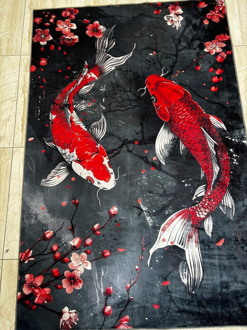 Koi Fish and Cherry Blossom Rug, Abstract Japanese Pattern - Etsy