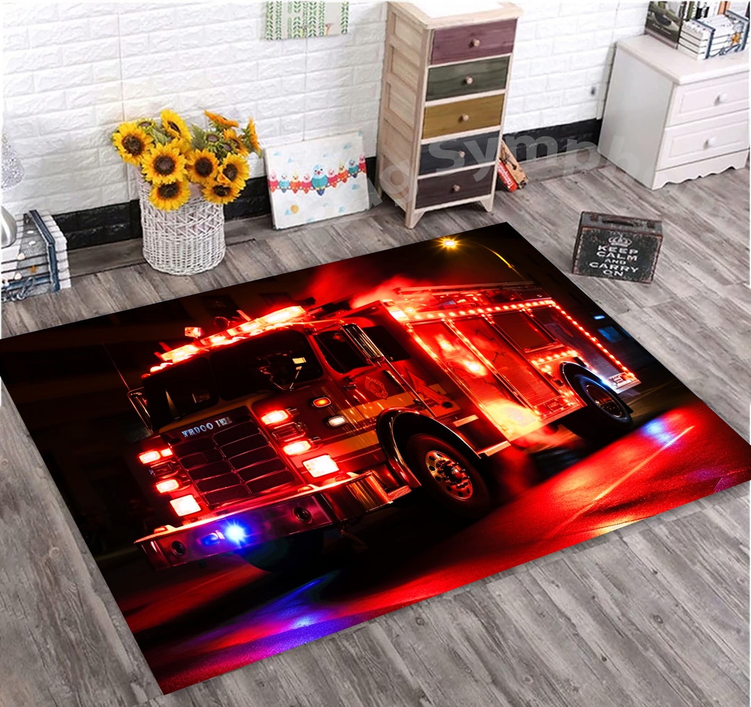 Fire Engine Rug, Fire Truck Rug, Toy Truck Carpet, Neon Look Fire Truck ...