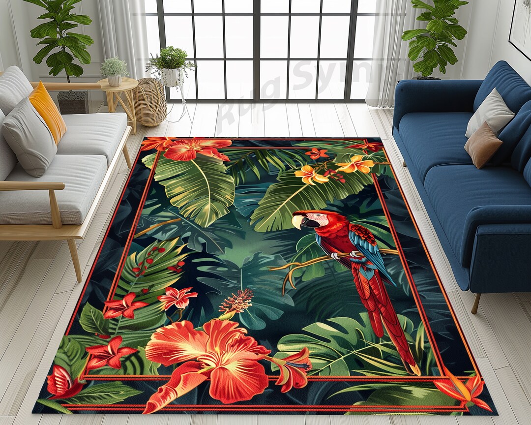 Rustic Parrot Rug, Traditional Parrot Rug, Teal Parrot Rug, Parrot Rug ...