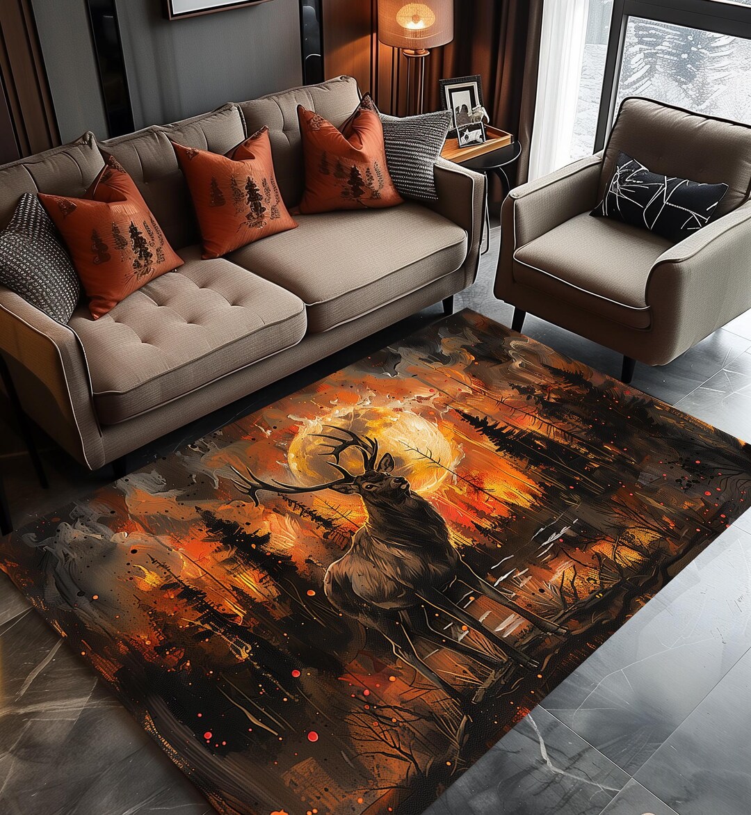 Depicting Deer Rug, Rustic Deer Rug, Wild Animals Rustic Rug, Deer Area ...