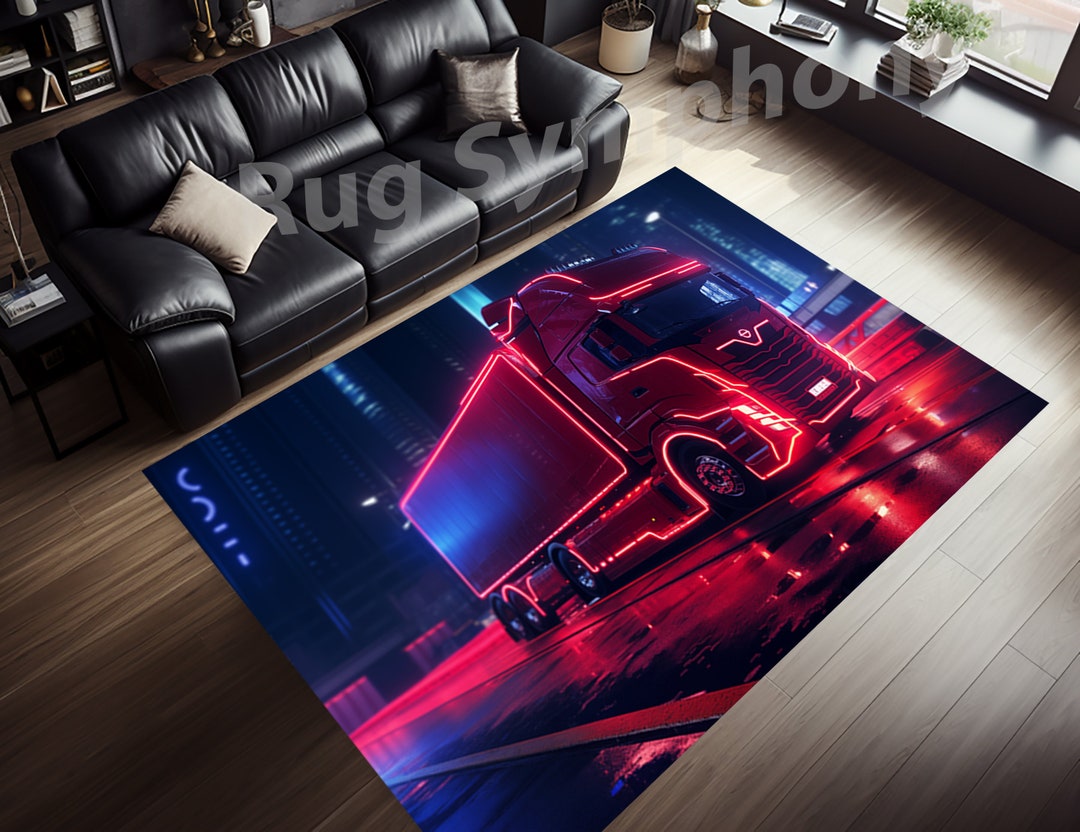 Neon Look Truck Area Rug, Red Truck Rug, Kids Area Rug, Big Truck Rug ...