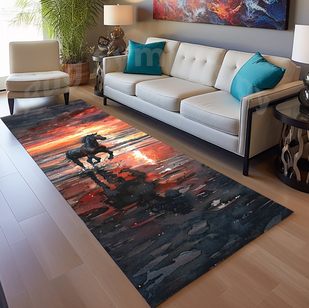 Horse Running on the Beach Watercolor Runner, Horse Living Room Rug ...