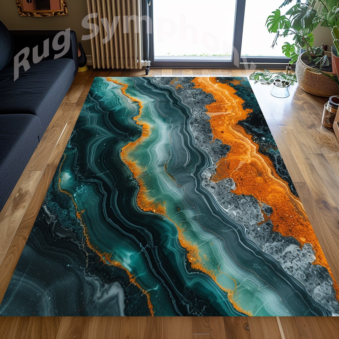 Green and Orange Marble Texture Rug, Teal and Orange Marble Rug, Green ...