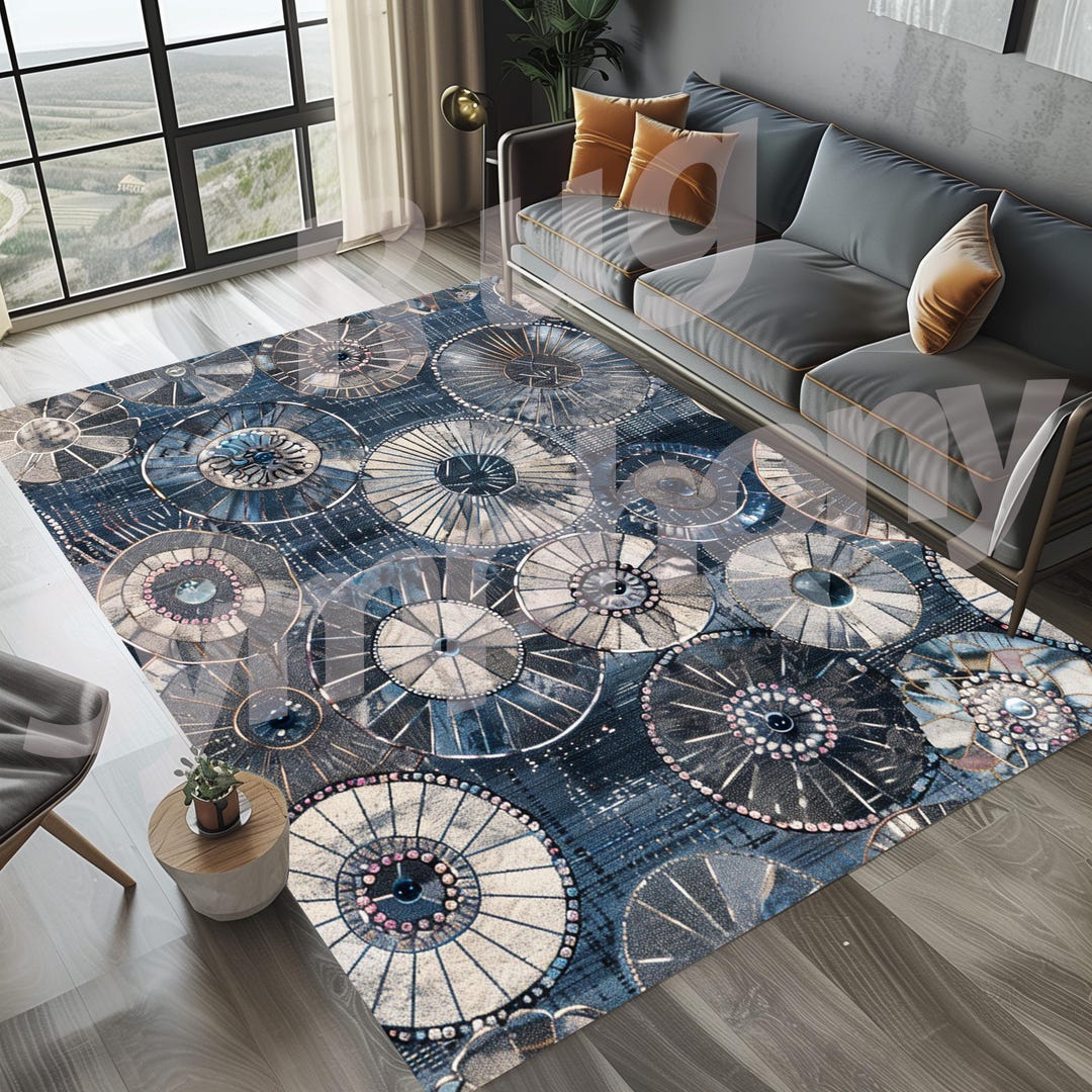 Patchwork Design Circular Motif Rug, Denim Fabric Rug, Denim Rug, Blue ...