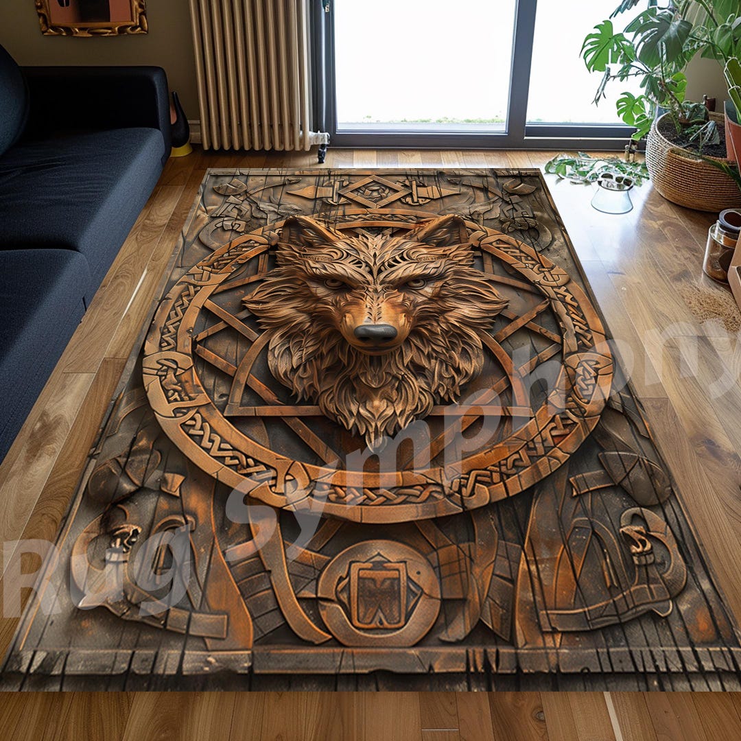 3D Look Wolf Rug, Wood Carving Look Wolf Rug, Wolf Area Rug, Wolf Rug ...